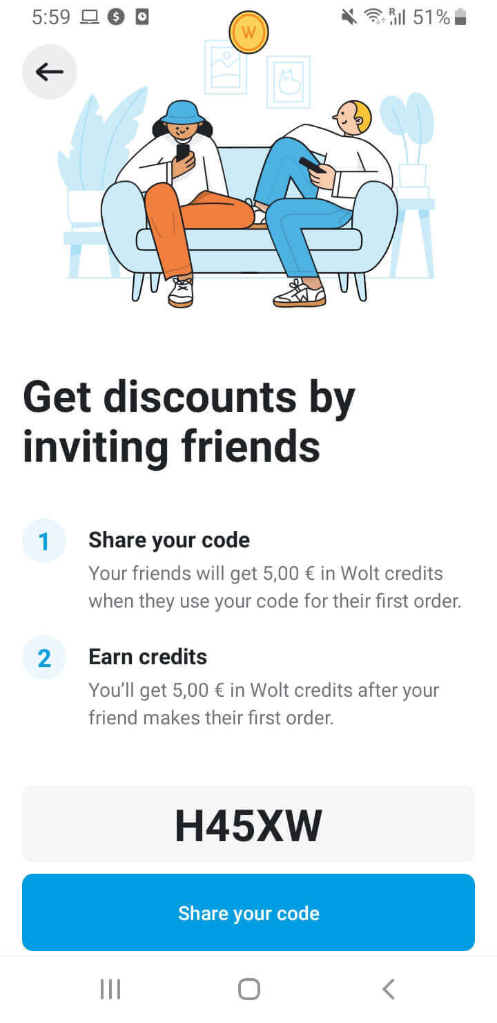 Wolt refferal: enter the promo code H45XW for a 6 euros discount bonus