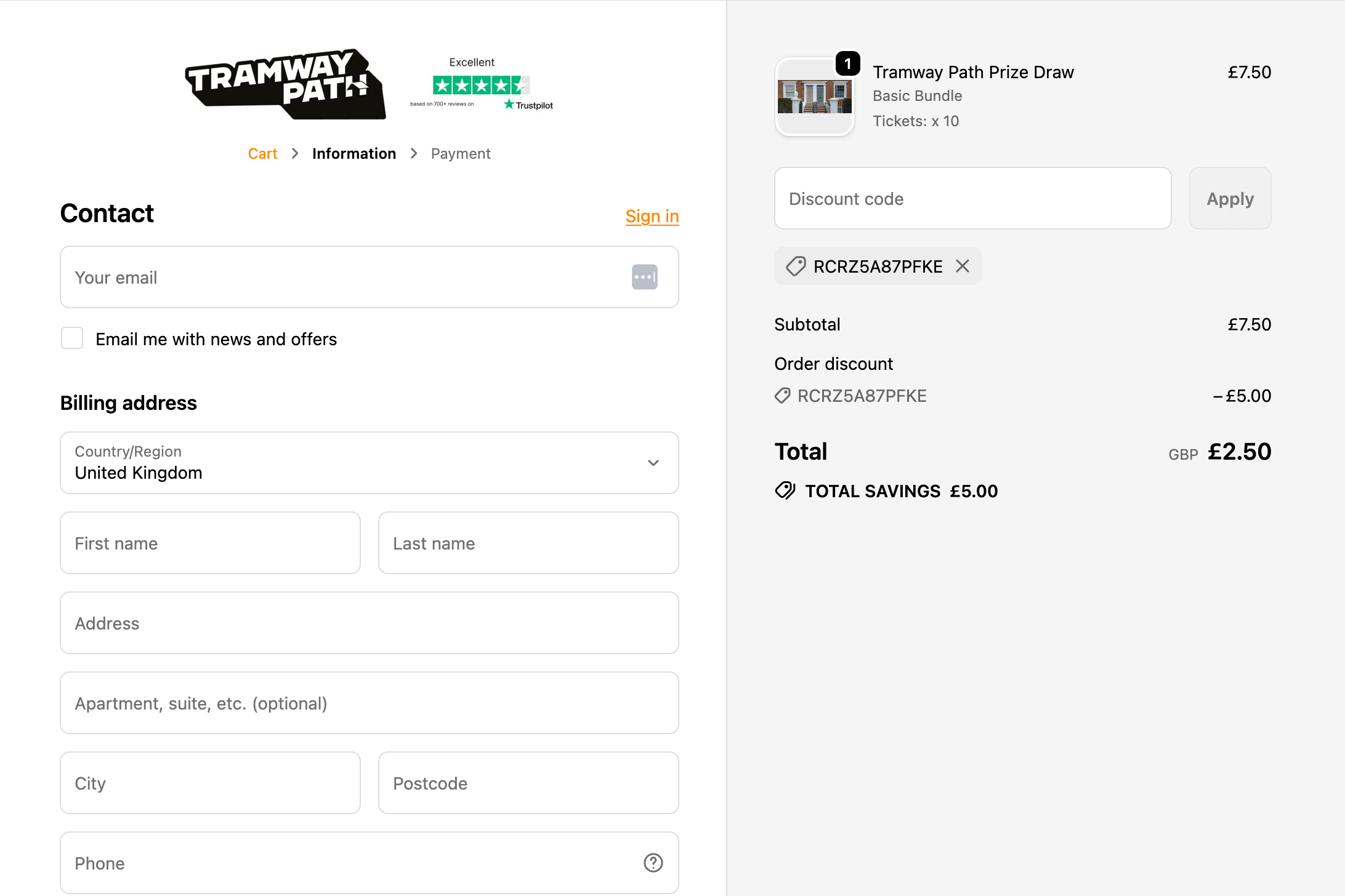 Tramway Path Discount Code: rcnve0zfrm58 get £5 Off your first prize draw entry